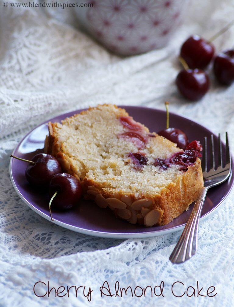 Eggless Cherry Almond Cake Recipe, How to Make Almond Cherry Loaf Cake ...